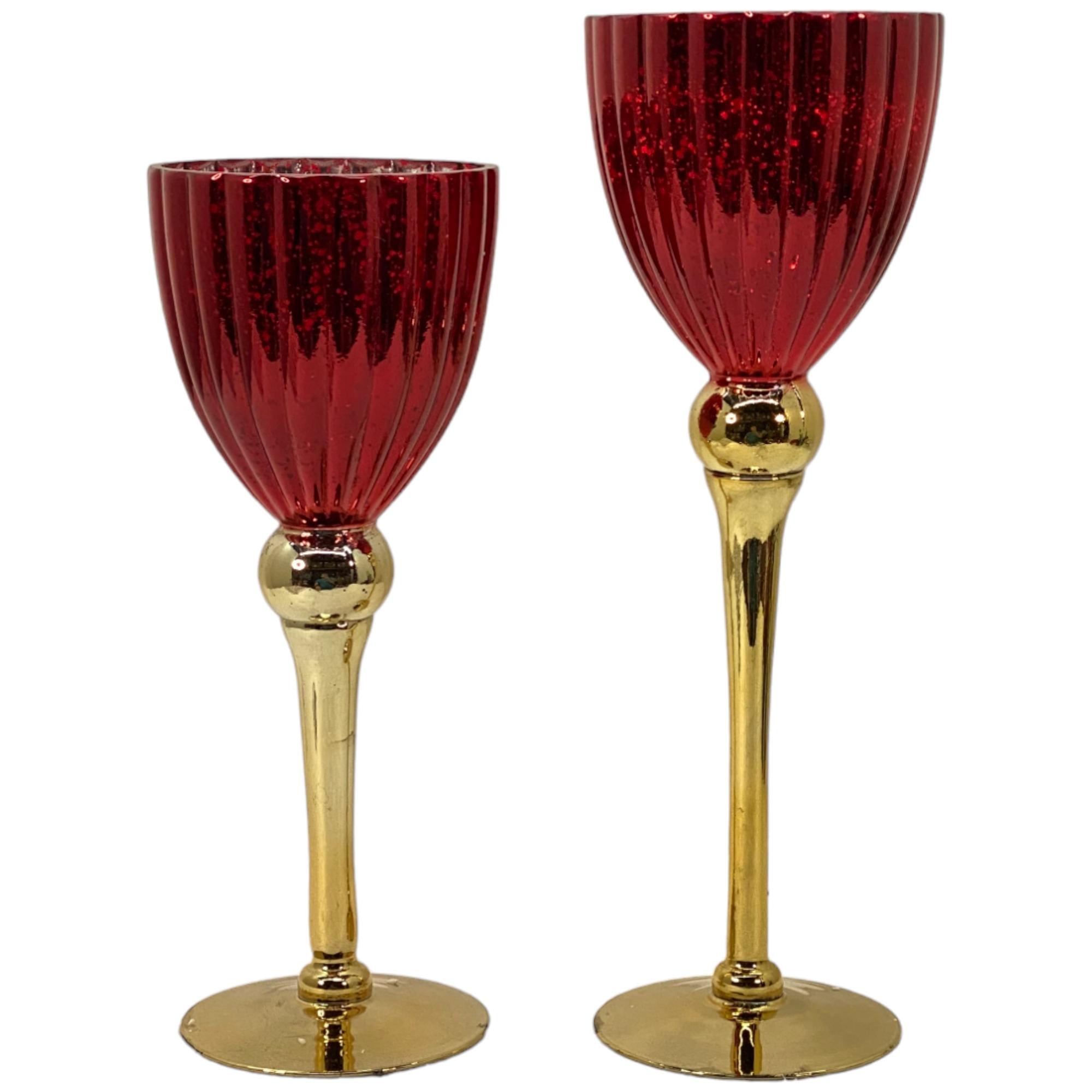 SET OF 2 CANDLE HOLDER RED TOP WITH GOLDEN STEM AND BASE - Noritex