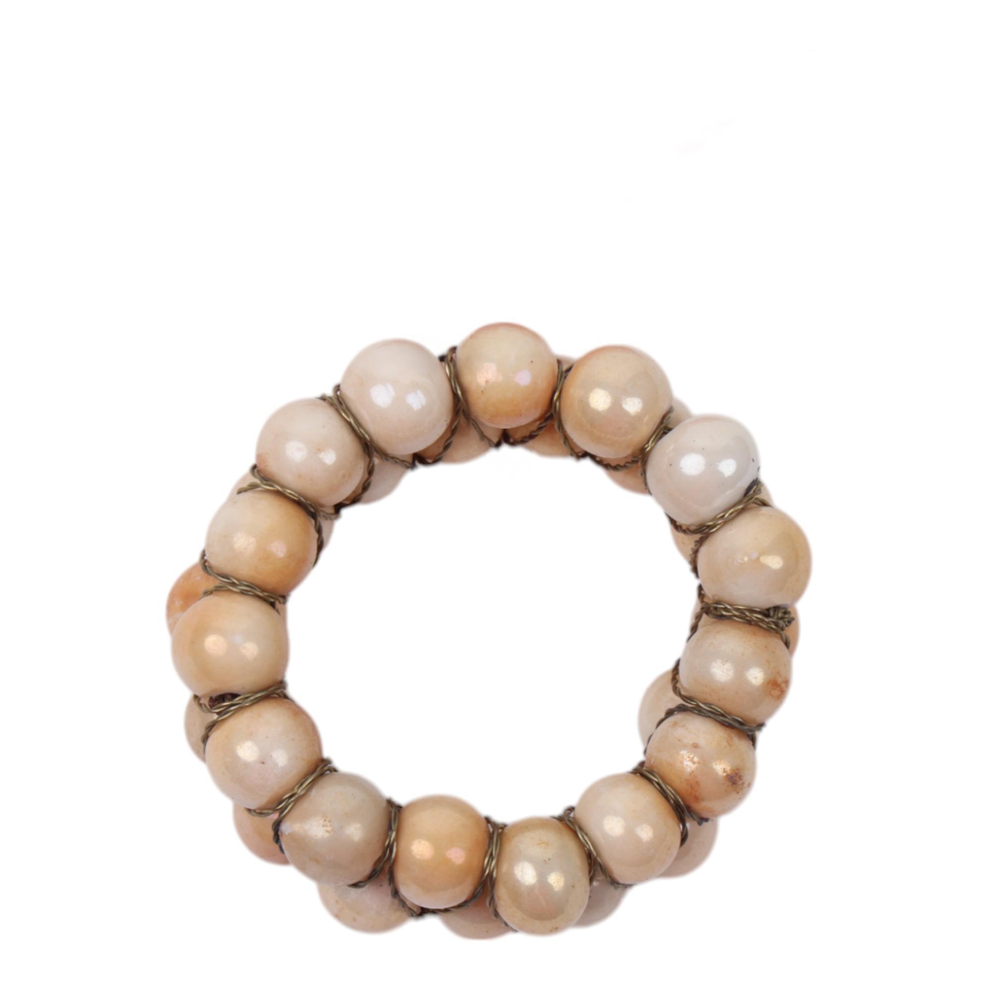 SET OF 4 IVORY GLASS BEADED WITH METAL WIRE NAPKIN RING - Noritex